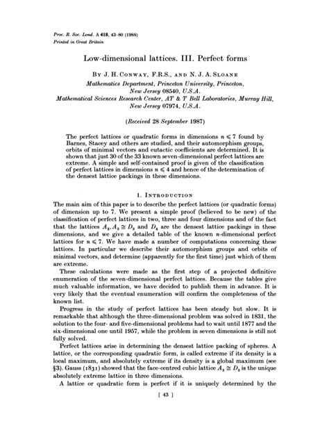 pdf low dimensional lattices iii perfect forms