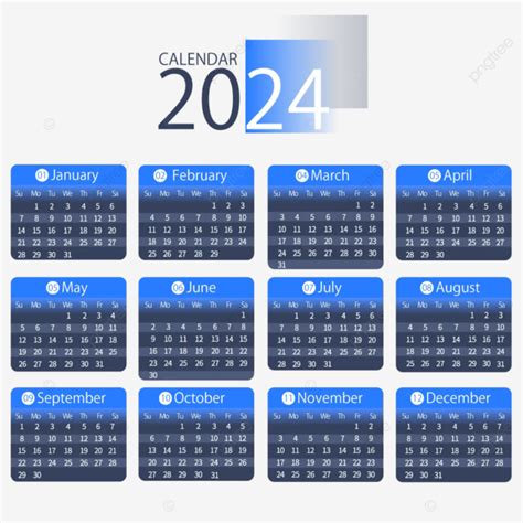 2024 Calendário Azul Simples De Negócios Vetor PNG 2024 Calendário