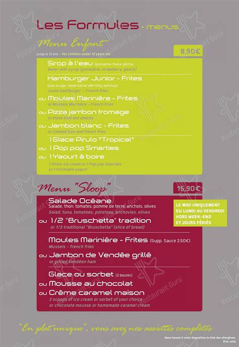 Menu At Le Sloop Restaurant Jard Sur Mer