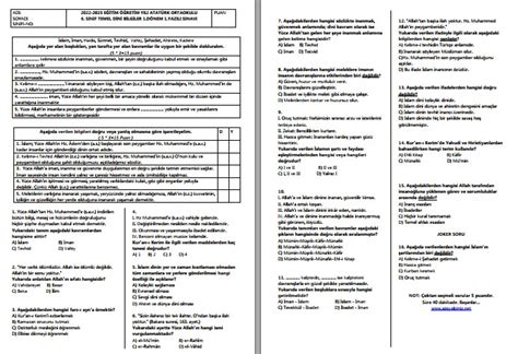 2022 2023 6 Sınıf Temel Dini Bilgiler 1 Dönem 1 Yazılı Sosyal