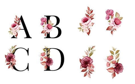 Conjunto De Alfabeto Floral Acuarela De A B C D Con Flores Y Hojas