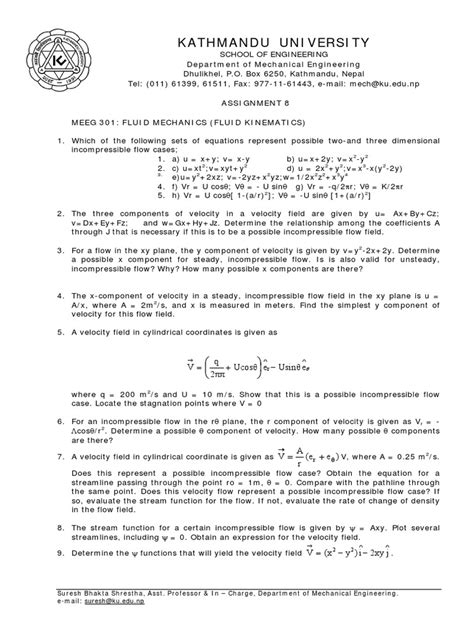 analysis of incompressible flow fields solutions to assignments on stream functions velocity
