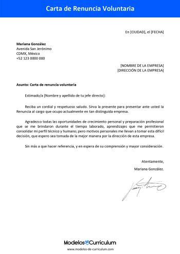 Ejemplos De Cartas De Renuncia Formato Word