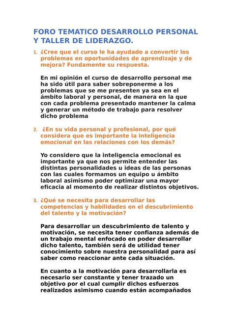 FORO Tematico Desarrollo Personal Y Taller DE Liderazgo SENATI Studocu