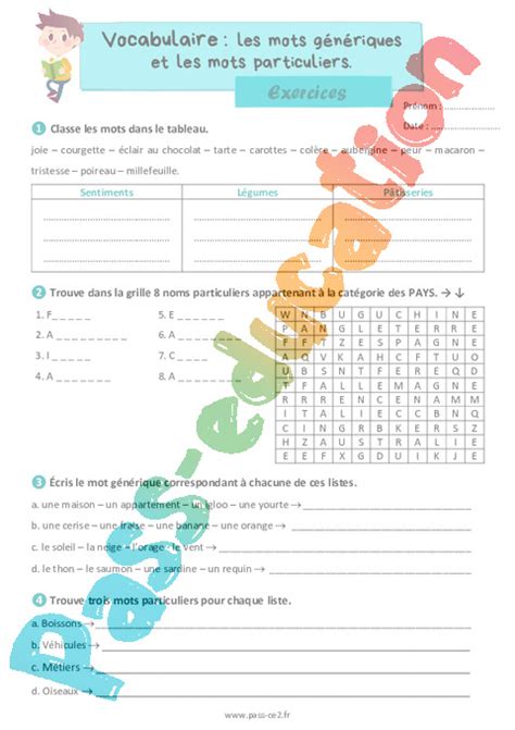 Exercice Mots étiquettes termes génériques et particuliers Cycle 3