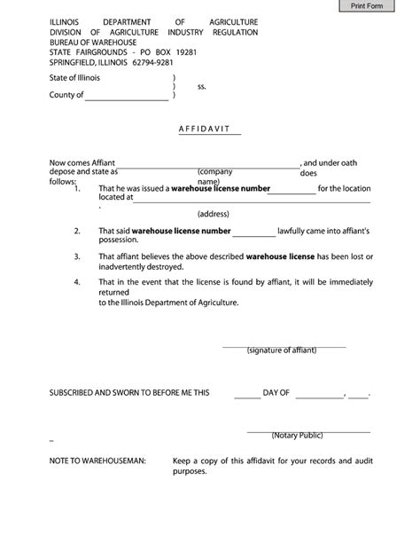 Fillable Online Agr State Il Affidavit Lost Warehouse License
