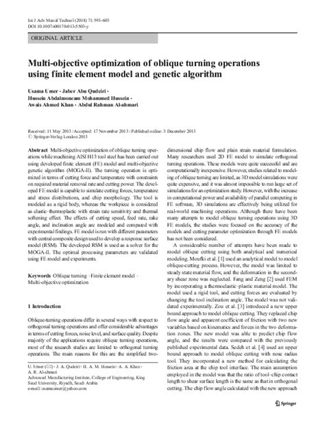 pdf multi objective optimization of oblique turning operations using finite element model and