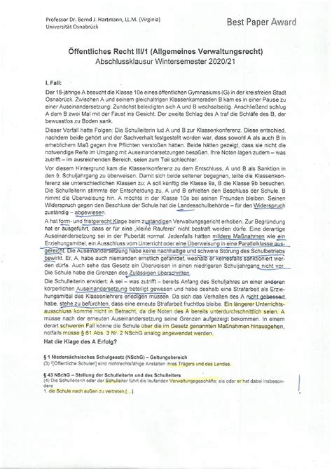 Altklausur Zum Verwaltungsrecht Klausur WS 20 21 Verwaltungsrecht AT