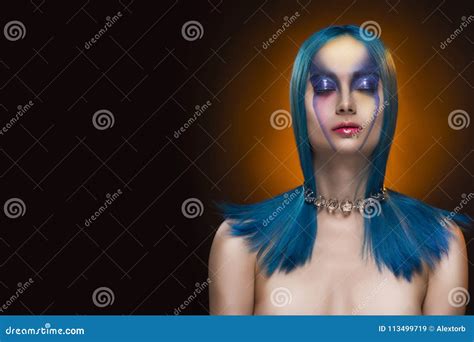 Sensual Portrait Of Beautiful Dyed Blue Hair Naked Shoulders Closed