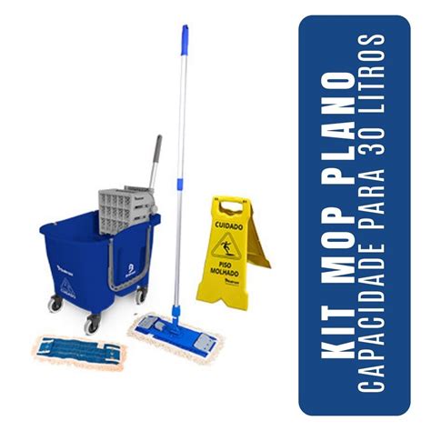 Kit Carrinho Mop Plano Balde L Flex Bralimpia P S Limp Plastic