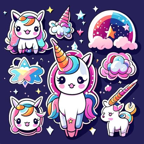Conjunto De Vector De Pegatinas De Unicornio Vector Premium
