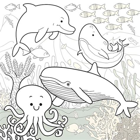 Cena De Animais Marinhos Linhas Brancas E Pretas Para Livro De Colorir