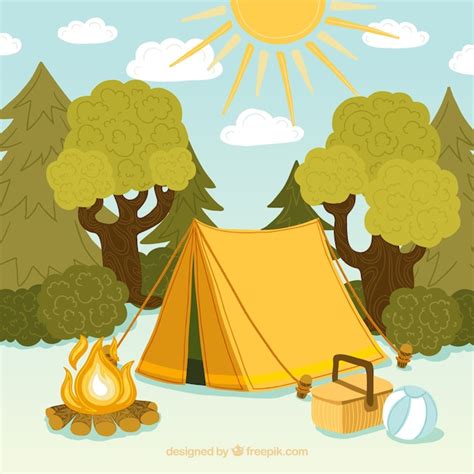 Fondo de campamento de verano con tienda y árboles Vector Gratis