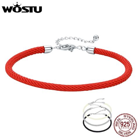 WOSTU 100 Real 925 Sterling Silver Red Black Gray White Rope Bracelet