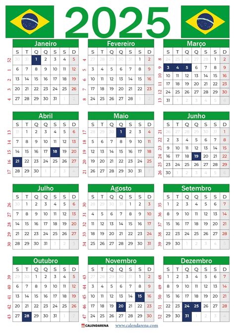 Calendário 2025 Brasil Para Imprimir Feriados