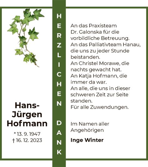 Traueranzeigen von Hans Jürgen Hofmann trauer op online de