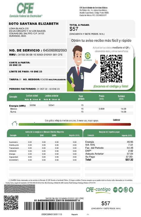 CFE RECIBO LUZ 2023 TOTAL A PAGAR CINCUENTA Y SIETE PESOS M