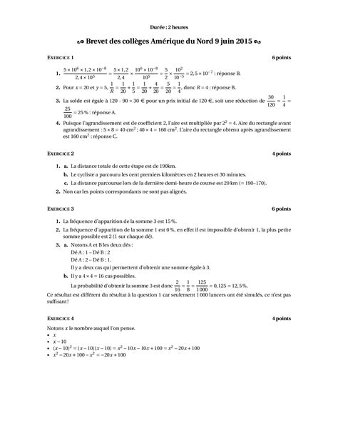 Brevet Maths Amérique du Nord juin 2015 Corrigé AlloSchool