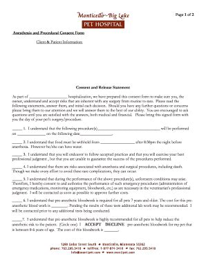 Fillable Online Of 2 Anesthesia And Procedural Consent Form Client