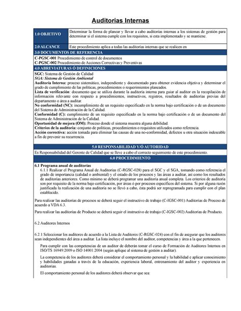 Procedimientos Generales Auditoria Interna Sistemas De Gesti N