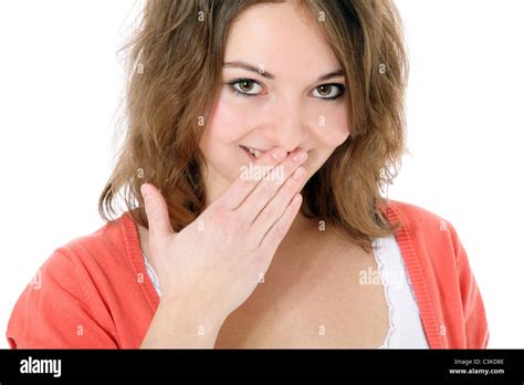 Shy Looking Woman All On White Background Stock Photo Alamy