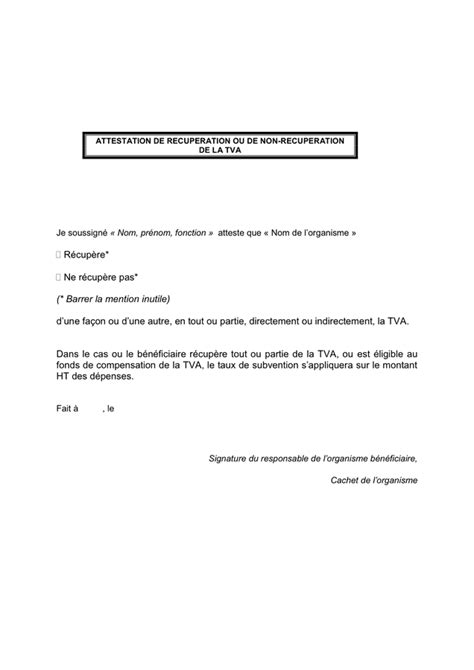 Modelé d attestation de recuperation de la tva DOC PDF page 1 sur 1