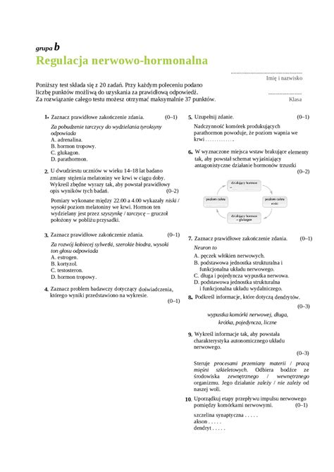Sprawdzian Z Biologi Klasa 7 Regulacja Nerwowo Hormonalna Margaret Wiegel