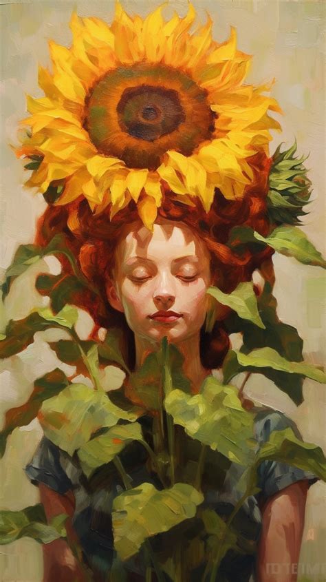 A Painting Of A Woman With A Sunflower On Her Head Sanatsal Resimler