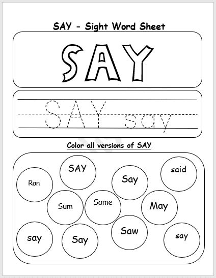 Say Sight Word Printable Worksheet EnglishBix