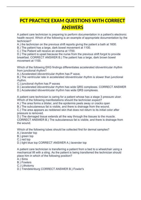 PCT PRACTICE EXAM QUESTIONS WITH CORRECT ANSWERS PCT Patient Care
