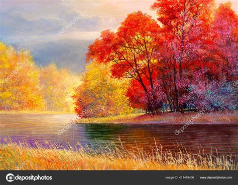 Oil Painting Landscape Colorful Autumn Forest Beautiful River Stock