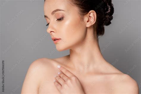 Beautiful Naked Woman With Perfect Skin Isolated On Grey Stock Photo