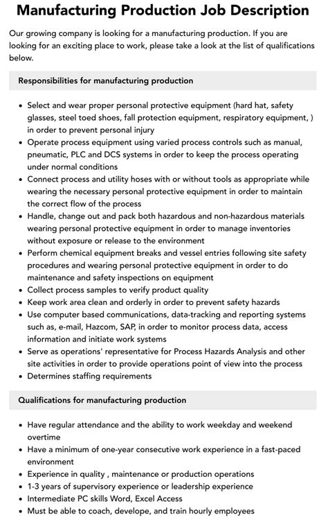 Production Manager Job Description Template