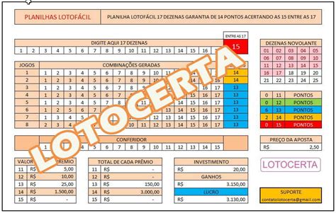 Planilha Lotofácil 17 dezenas garantia de 14 pontos Lotocerta