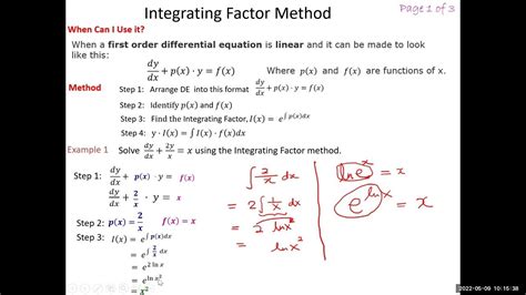 solving first order differentiation equation using integrating factor method youtube