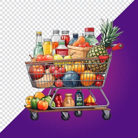 Carrinho De Compras Cheio De Mantimentos E Frutas E Legumes PSD Premium