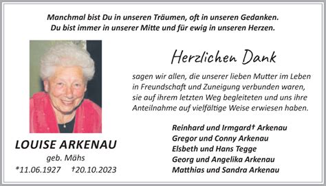Traueranzeigen Von Louise Arkenau Om Trauer De