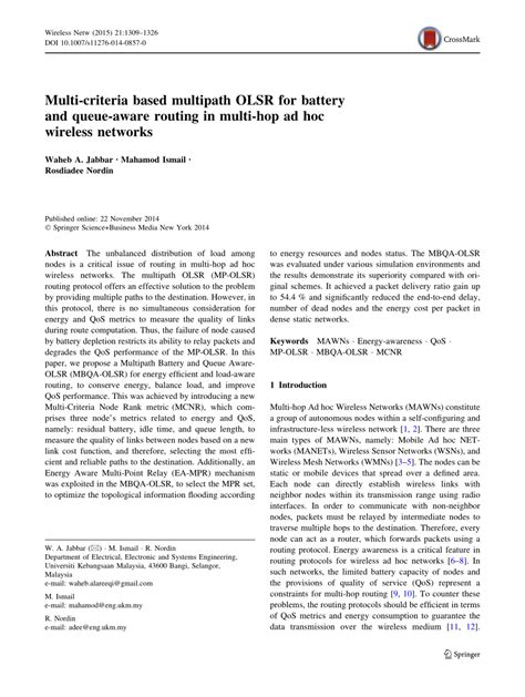 pdf multi criteria based multipath olsr for battery and queue aware routing in multi hop ad