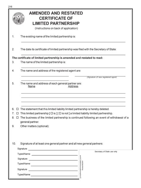Amended And Restated Certificate Of Limited Partnership Fill Out
