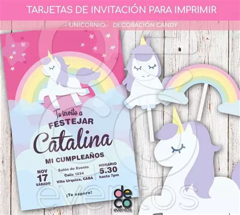 Tarjeta Invitación Cumpleaños Unicornio p imprimir candy en venta
