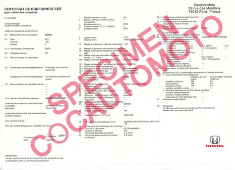 Certificat de Conformité Européen Honda COC Commandez votre