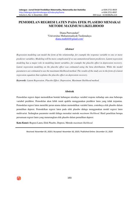 pdf pemodelan regresi laten pada efek plasebo memakai metode maximum likelihood