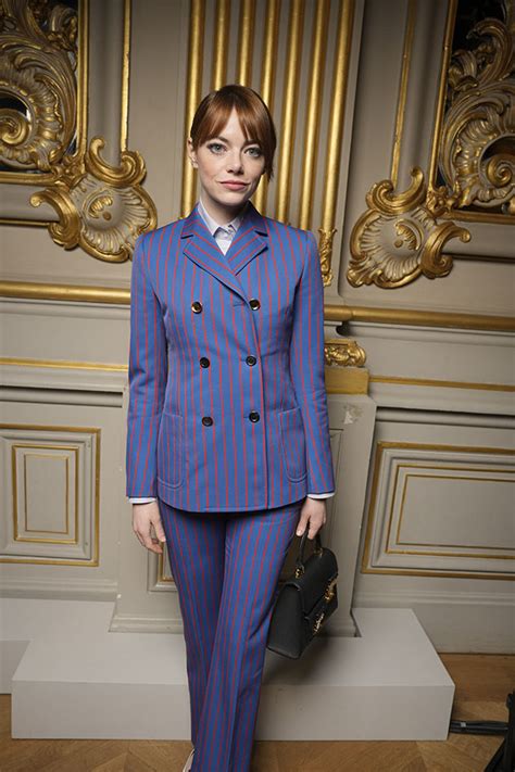 Emma Stone Dons Striped Suit At Louis Vuitton Fall 2023 PFW Show