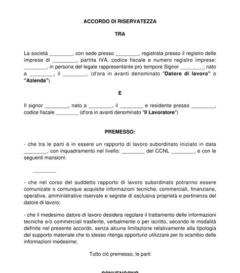 Accordo Di Riservatezza Lavoratore Dipendente Modello