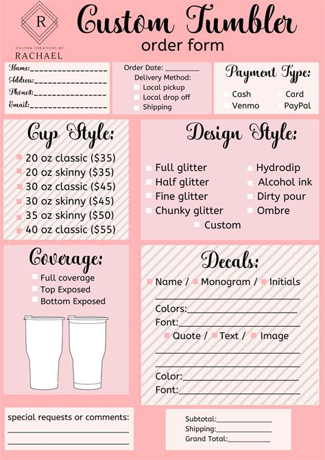 Tumbler Order Form Template Free