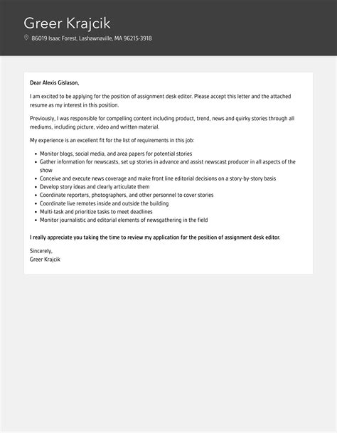 Assignment Desk Editor Cover Letter Velvet Jobs