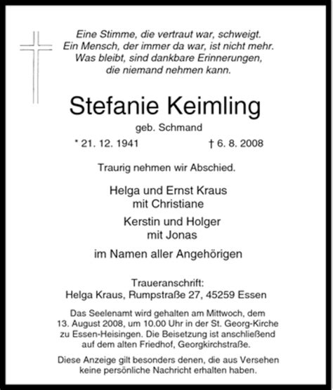 Traueranzeigen Von Stefanie Keimling Trauer In NRW De