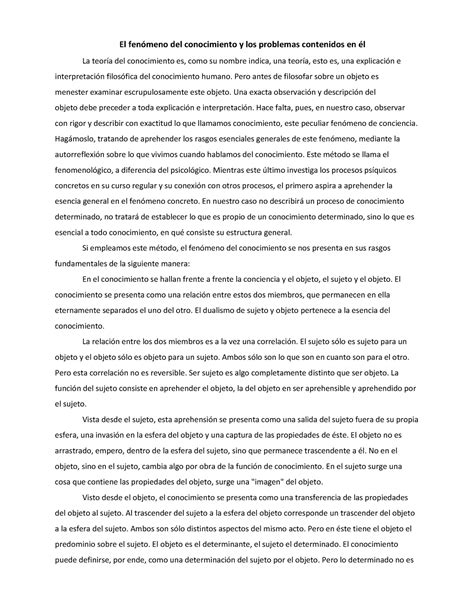 El fenómeno del conocimiento y los problemas contenidos en él El