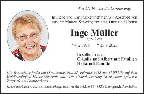 Traueranzeigen von Inge Müller trauer gnz de