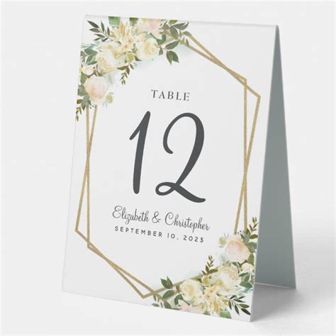 Wedding Table Number Gold Frame Floral Rose White Table Tent Sign Ad